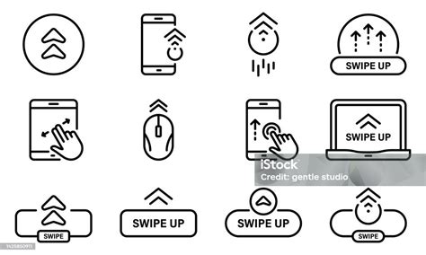 스마트 폰 컴퓨터 노트북 라인 아이콘 세트의 버튼을 스 와이프합니다 슬라이드 액션 소셜 미디어 앱 픽토그램 스크롤 드래그 터치