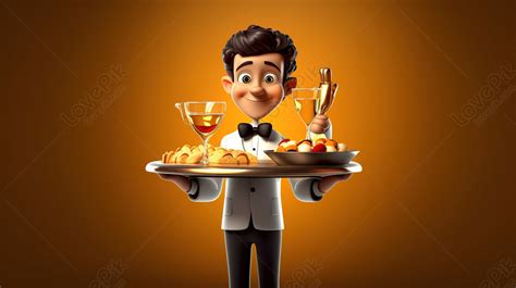 생생한 3d 만화 웨이터 배경에 샴페인 트레이가 있는 매혹적인 일러스트레이션 만화 배경 웨이터 배경 레이 배경 이미지 Hd 만화 웨이터 레이 배경 사진 무료
