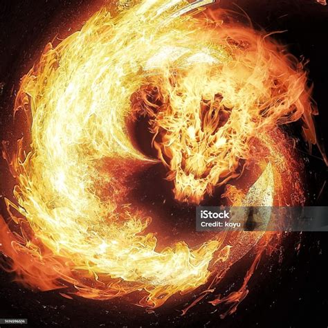 어둠 속에서 소용돌이 치는 불룡의 3d 일러스트 불에 대한 스톡 사진 및 기타 이미지 불 용 불길 Istock