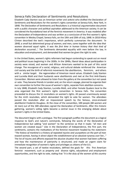 Seneca Falls Declaration Sentiments At Joel Morton Blog