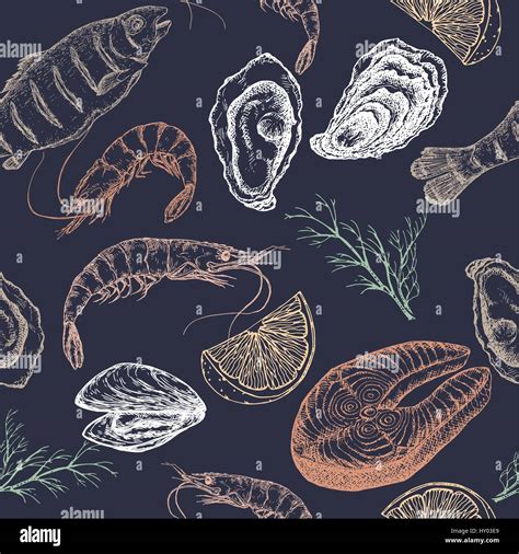 Hand Drawn Seafood Vector Seamless Pattern On Blue Stock Vector Image