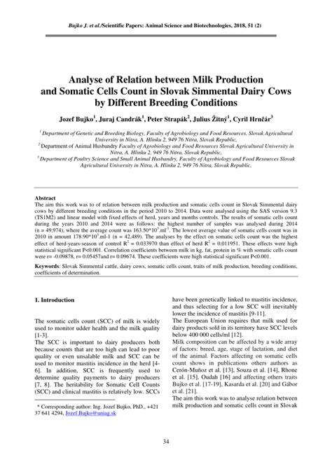 Pdf Analyse Of Relation Between Milk Production And Somatic Cells