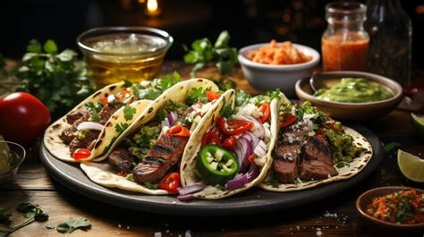 Premium Ai Image Grilled Beef And Pork Tacos On Rustic Wooden Table Plate