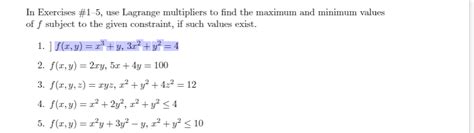 solved in exercises 1 5 use lagrange multipliers to find