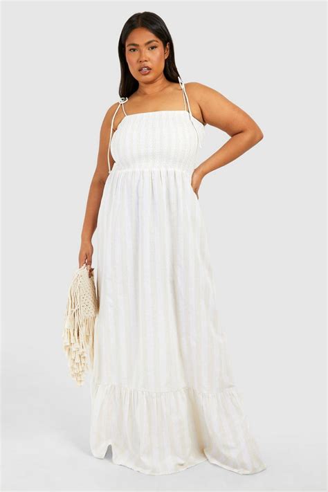 Plus Linen Look Shirred Stripe Bandeau Maxi Dress Boohoo Uk