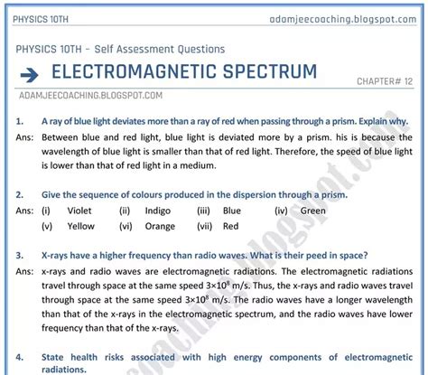 Adamjee Coaching Electromagnet Spectrum Self Assessment Questions Physics 10th