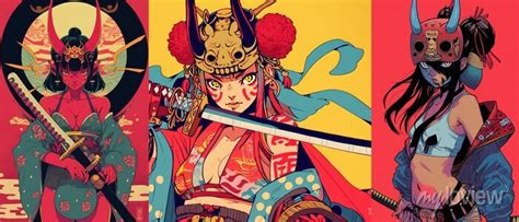 Portraits Of A Samurai Devil Girl Retro Anime Style Illustration