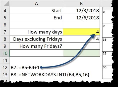 count day of week between dates in excel how many fridays xelplus