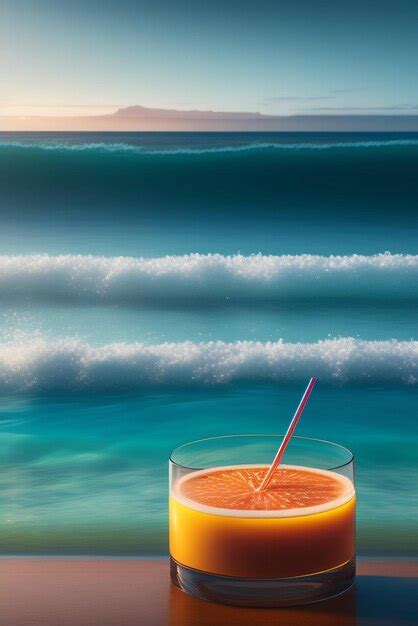 Premium Ai Image A Glass Of Orange Juice On A Beach With A Beach In