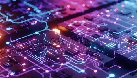 Futuristic Electronic Circuit Board With Glowing Neon Pathways And Complex Digital Connections