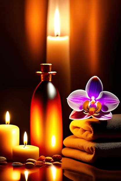 Spa Still Life With Candles And Orchid Hot Stone Massage Setting Lit By