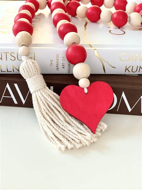 Valentines Day Wood Bead Garland With Tassels Hand Painted Rustic Farmhouse Beads Tassel