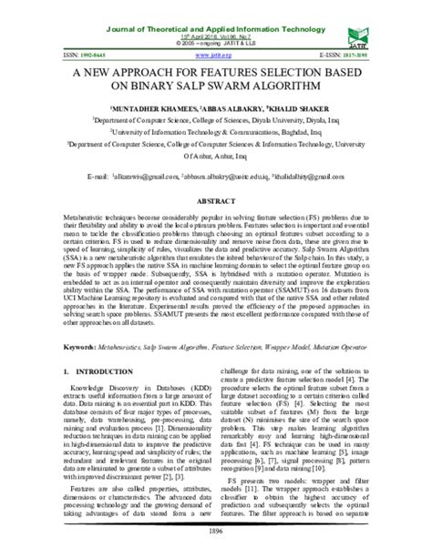 Pdf A New Approach For Features Selection Based On Binary Salp Swarm