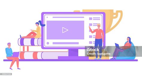 개념 온라인 교육 모니터에서 비디오를 재생 사람들 캐릭터 작업 원격 노트북 만화 벡터 일러스트 레이 션 흰색 절연 교습에 대한 스톡 벡터 아트 및 기타 이미지 Istock