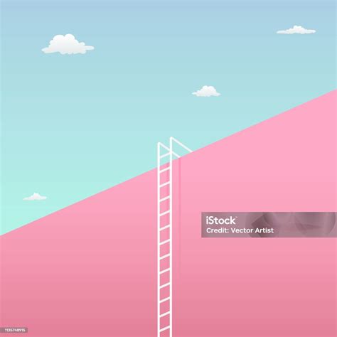 미니 멀 아트 디자인으로 목표 시각적 개념에 도달 하세요 하늘과 키가 큰 사다리 벡터 일러스트 레이 션을 향해 높은 거 대 한