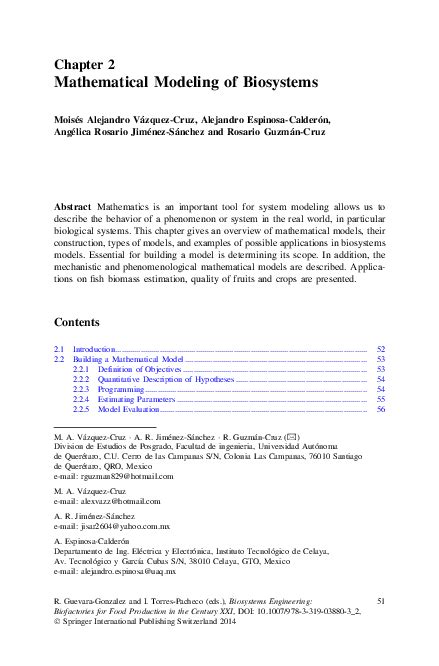 Pdf Mathematical Modeling Of Biosystems