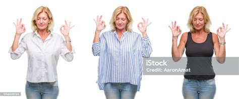 콜라주 화이트 격리 Backgroud 휴식 및 눈으로 웃는 아름 다운 중 년 금발 여자의 손가락으로 명상 제스처를 하 고 폐쇄 요가 개념 개념에 대한 스톡 사진 및 기타