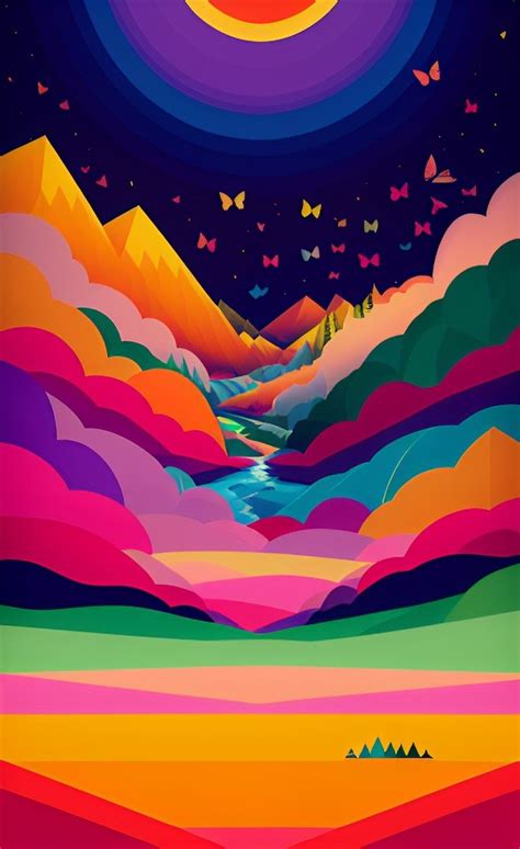 Beautiful Vector Landscape Colored Mountains Digital Art Butterflies