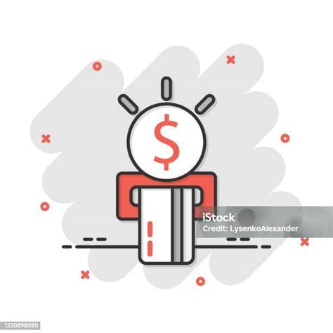 만화 스타일의 돈 Atm 아이콘 흰색 고립 된 배경에 현금 만화 벡터 그림을 교환합니다 지폐 지폐 스플래시 효과 비즈니스 개념