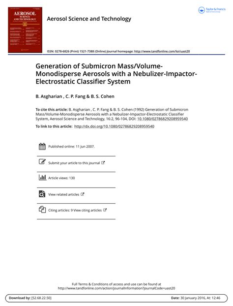 Pdf Generation Of Submicron Massvolume Monodisperse Aerosols With A Nebulizer Impactor