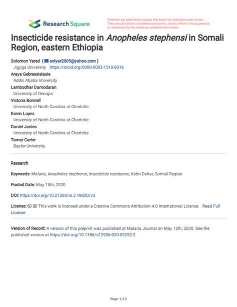 Pdf Insecticide Resistance In Anopheles Stephensi In Somali Region