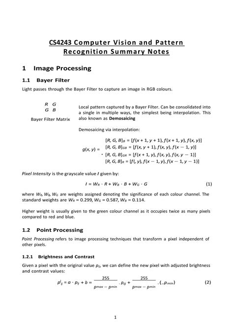 Cs4243 Computer Vision And Pattern Recognition Summary Notes Cs4243 Computer Vision And