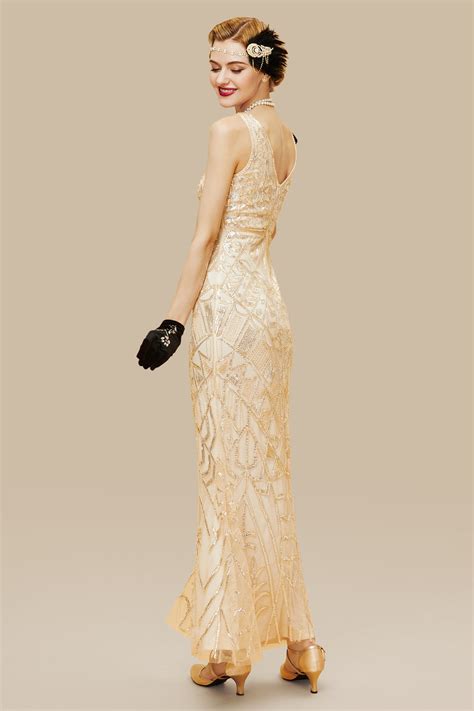 Shop 1920s Dresses Sheer Scoop Neck Sequin Dress Babeyond