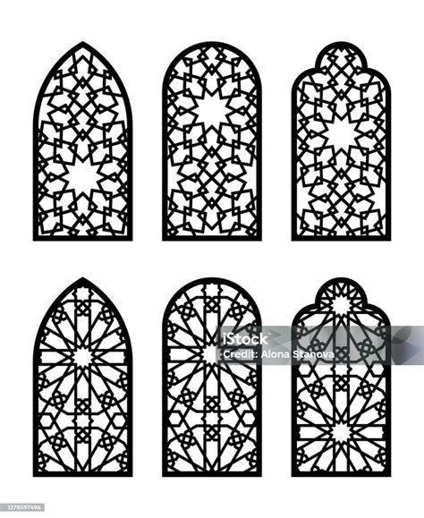 이슬람 아치 창 또는 문 세트 Cnc 패턴 레이저 절단 벽 장식을위한 벡터 템플릿 세트 매달려 스텐실 조각 아라비아에 대한 스톡 벡터 아트 및 기타 이미지 Istock