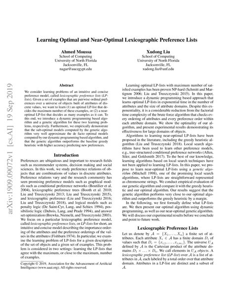 Learning Optimal And Near Optimal Lexicographic Preference Lists Deepai