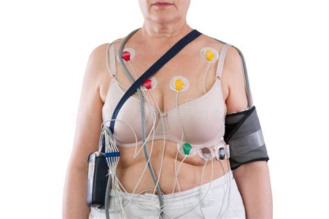 Woman With Holter Monitor Device For Daily Monitoring Of