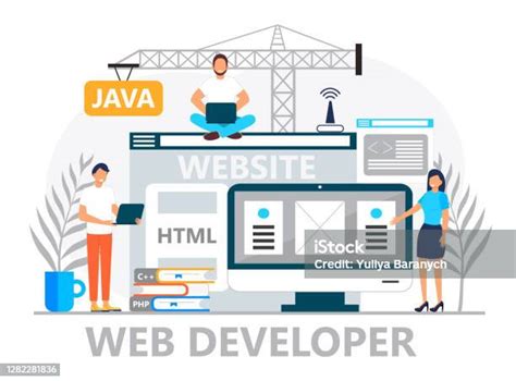 用於著陸頁的 Web 開發人員概念向量程式師使用起重機構建網站並編寫代碼從事數位或人工智慧技術的軟體工程師軟體開發向量圖形及更多