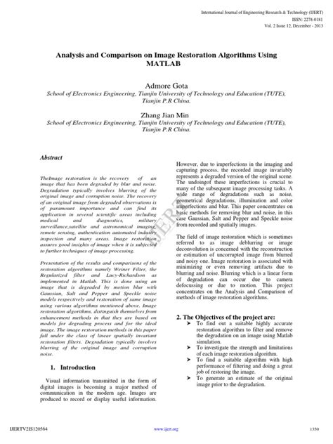Analysis And Comparison On Image Restoration Algorithms Using Matlab