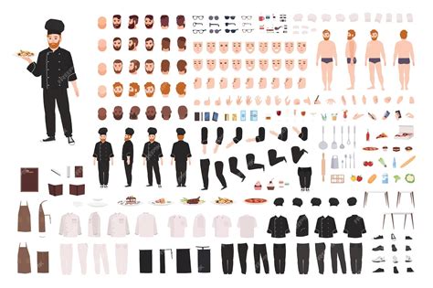 요리사 요리사 조리원 주방 직원 Diy 세트 또는 제작 키트 신체 부위 제스처 자세 유니폼 컬렉션 남성 만화