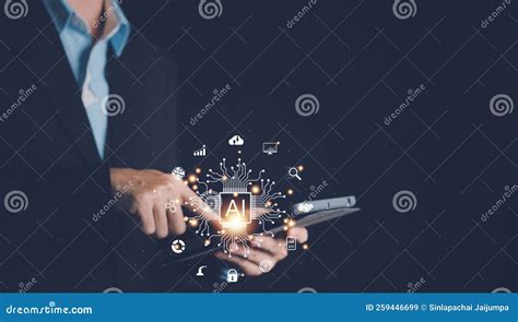 Ai Artificial Intelligence Concept Businessman Hand Touch Tablet With Hologram Technology Stock