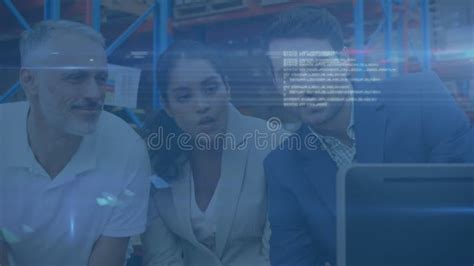 Animation Of Lens Flare And Programming Language Over Diverse Coworkers