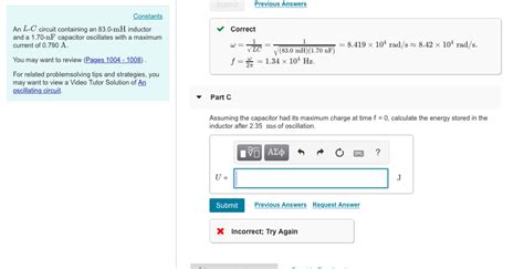 Solved Previous Answers Constants An L C Circuit Containing