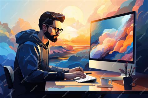 Programming Man Working On Computer In It Office Or Home Ai Generated Premium Ai Generated Image