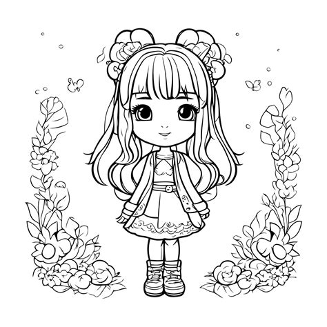 꽃을 가진 귀여운 작은 소녀 색칠 페이지 ⁇ 터 일러스트레이션 디자인 아이콘 ⁇ 터 일러스트레이션 그래픽 디자인 프리미엄 벡터