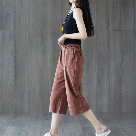100 Cotton Cropped Trousers High Waist Straight Pants Women Shopee