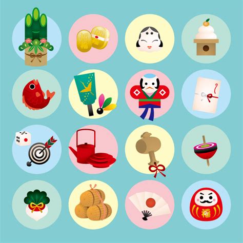 フリーイラスト 門松などの16種類のお正月の縁起物セットでアハ体験 Gahag 著作権フリー写真・イラスト素材集
