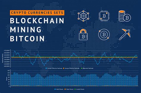 พื้นหลังภาพประกอบเวกเตอร์ Blockchain พร้อมไอคอนกราฟและไดอะแกรมบนพื้น