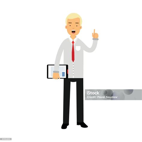 비즈니스 맨 만화 캐릭터 서 메모장 얘기 하 고 제기 검지 벡터 일러스트 레이 션으로 손 제스처를 보여주는 기업 재무와 산업에 대한 스톡 벡터 아트 및 기타 이미지 Istock