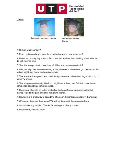 Week 12 Task Assignment Free Time TASK A Hi How Was Your Day B Fine I Got Up Early And