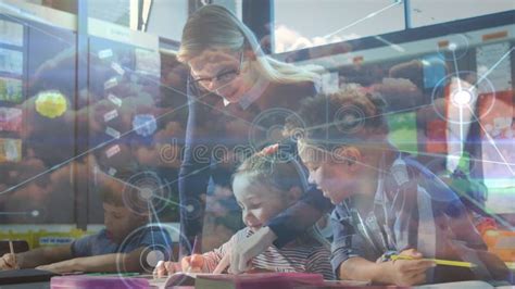 Animation Of Network Of Connections And Clouds Over Teacher And Class