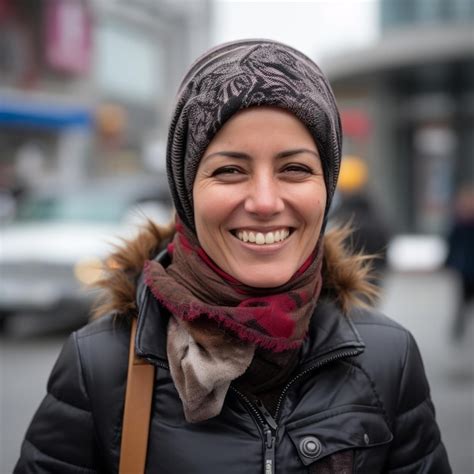 Premium Ai Image A Smiling Woman Wearing A Headscarf On The Street