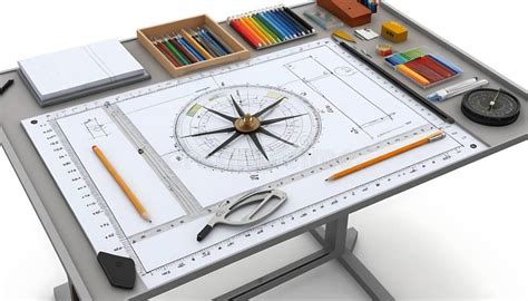 Detailed Drafting Table Setup With Instruments And Design Plans For Precision Architectural