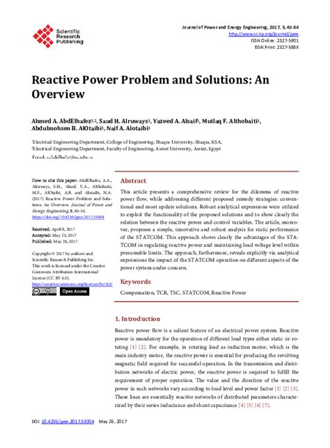 Pdf Reactive Power Problem And Solutions An Overview