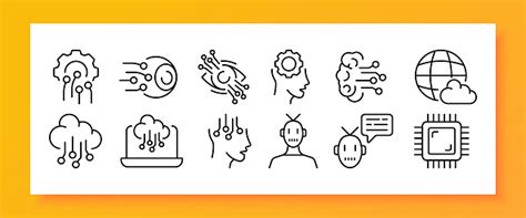 프로세서 세트 아이콘입니다 전자 제품 사이버 펑크 팅크 신경망 Cpu 설정 로봇 클라우드 스토리지 인공 지능 기술 개념 비즈니스 및 광고에 대한 벡터 라인 아이콘 모터