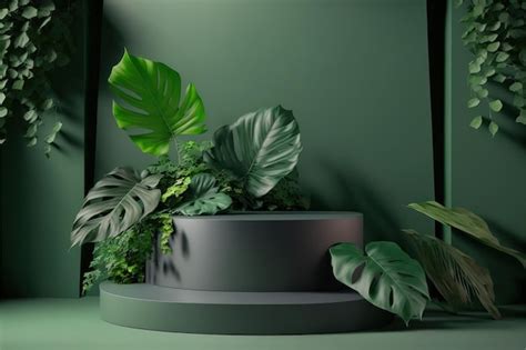 3d 배경 제품은 현대 전시회 또는 갤러리 3d 그림의 프레젠테이션을 위한 녹색 리프 기하학적 플랫폼 연단 받침대 레이아웃 템플릿을 사용하여 연단 장면을 표시합니다