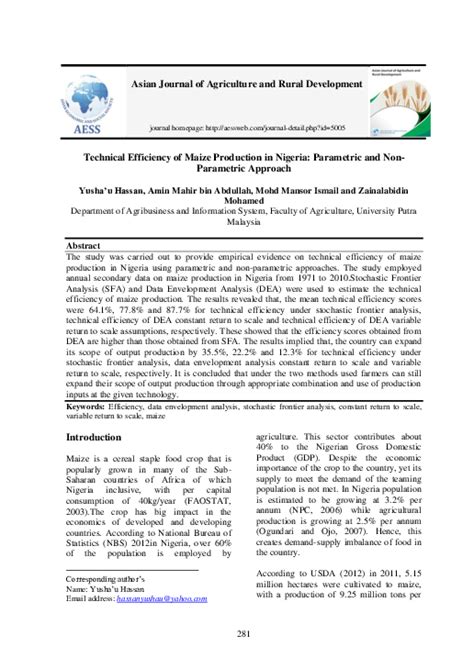 Pdf Technical Efficiency Of Maize Production In Nigeria Parametric And Non Parametric Approach